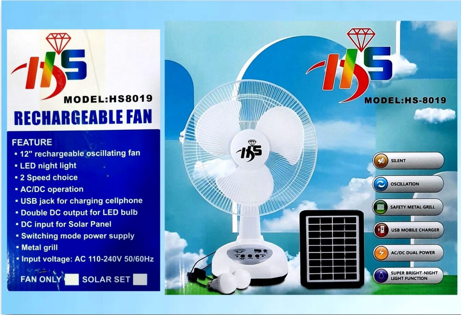 พัดลมโซล่าเซลล์TSP-HS-8019 12นิ้ว USB หลอดบับ2ดวง | ที. เอส. พี. เทรดดิ้ง นำเข้าและจัดจำหน่าย ...